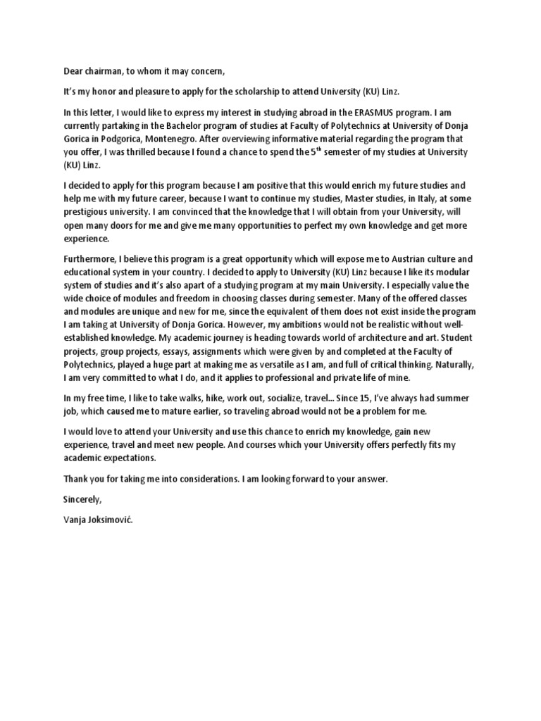 Cover Letter Vanja Joksimovic | PDF | Social Science | Foreign Language ...