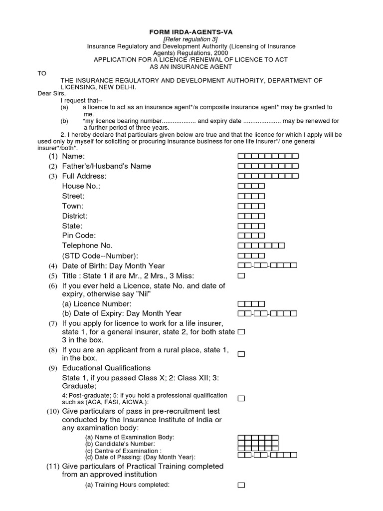 Form Irda Agents Va | PDF | Insurance | License