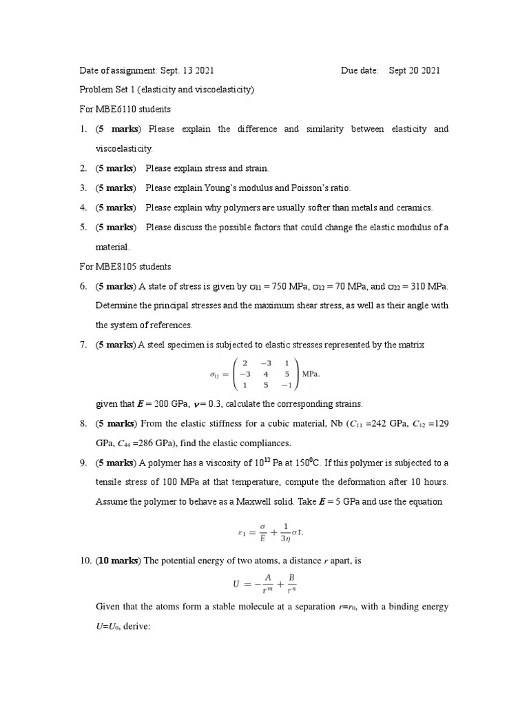 Elasticity and Viscoelasticity Problem Set | PDF | Teaching Methods & Materials | Science ...