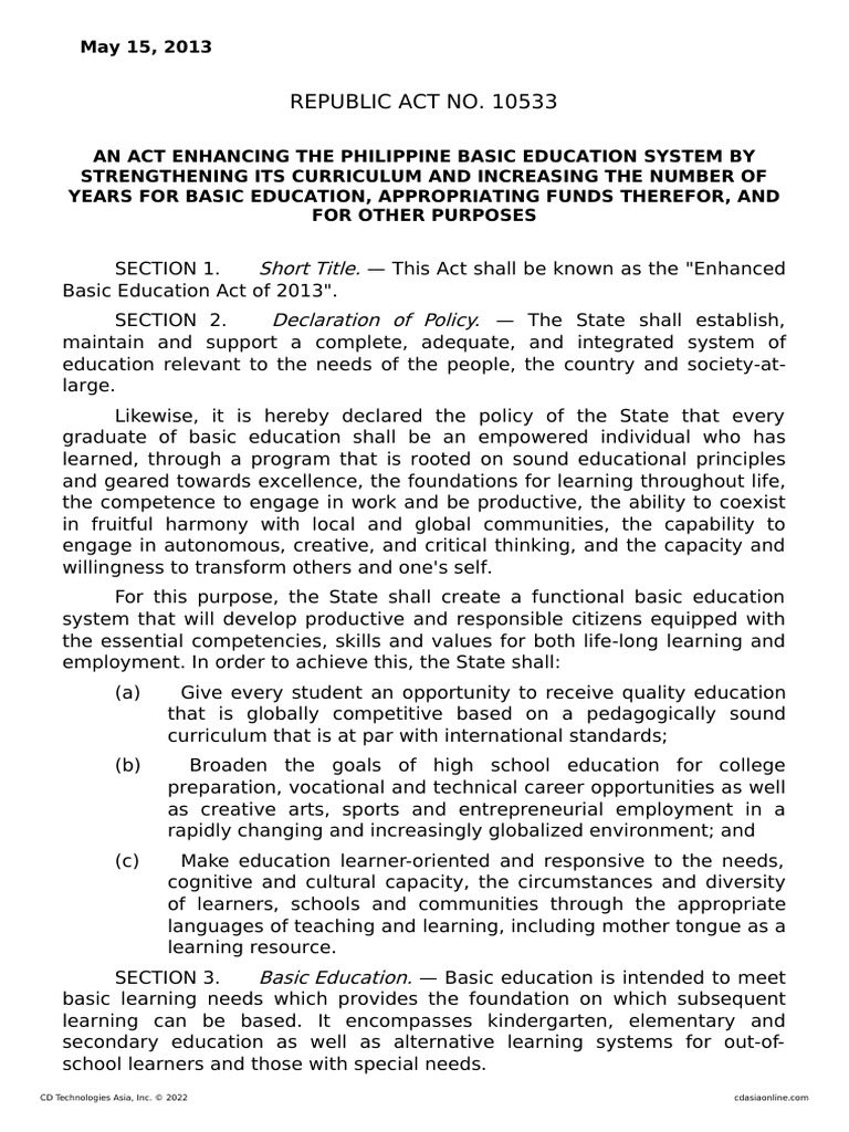 Ra 10533 | PDF | Curriculum | Secondary Education