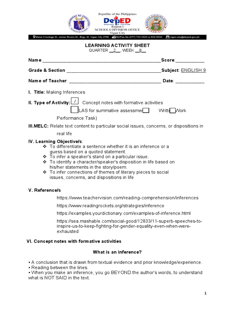 English 9 Quarter 2 Week8 | PDF | Inference | Thought