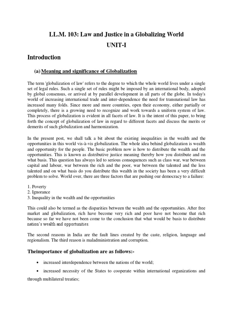 LLM 103 - Law and Justice in A Globalizing World - Full Notes | PDF