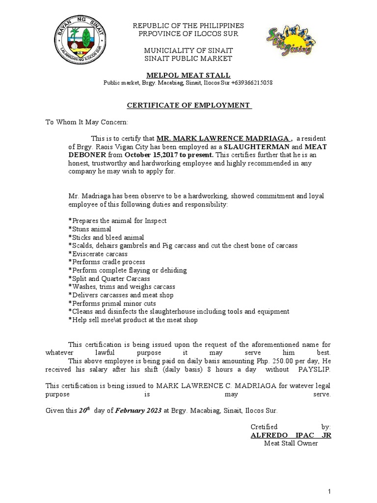 Certificate of Employment | PDF | Slaughterhouse | Food Industry
