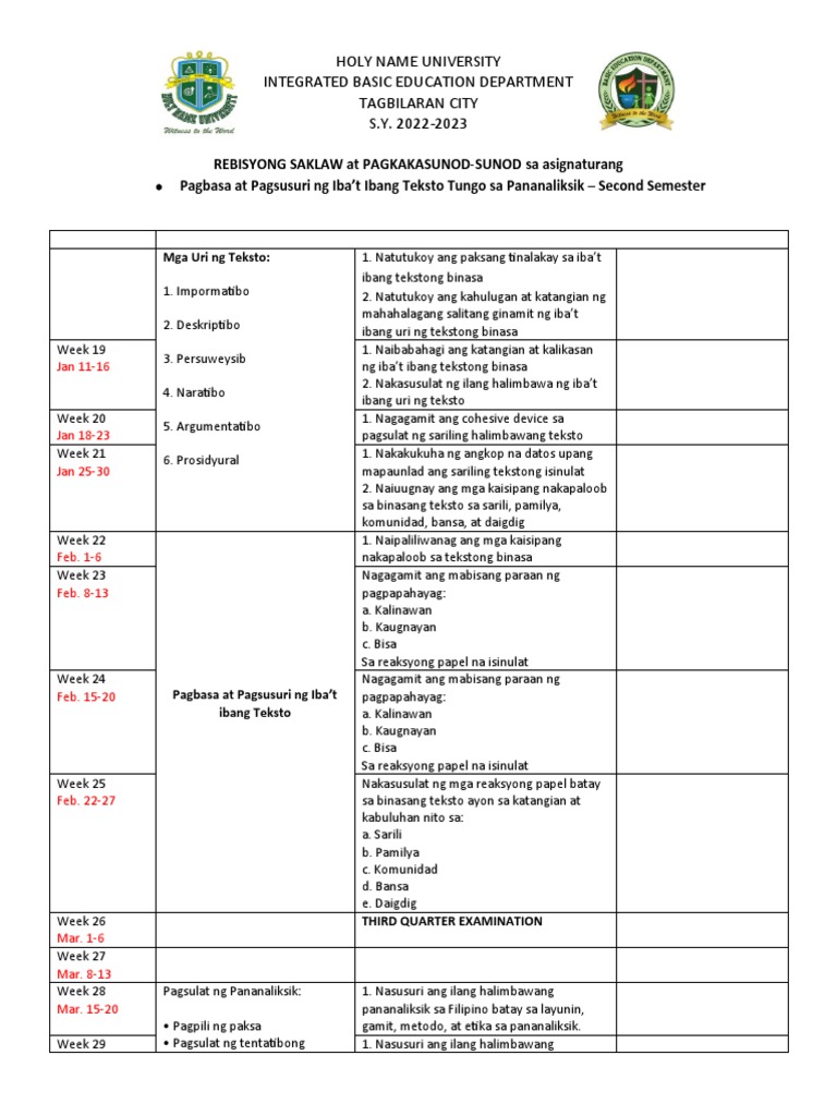 PAGBASA Revised Scope & Sequence S.Y. 2022-2023 | PDF