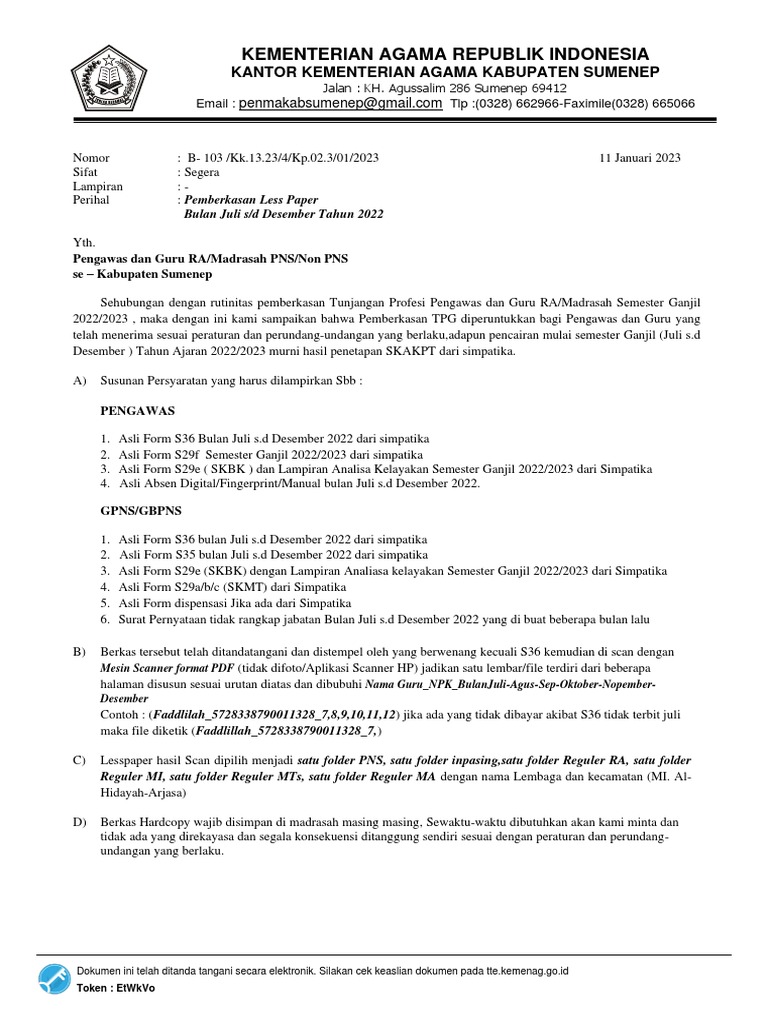 Pemberkasan Less Paper Bulan Juli Sampai Desember Tahun 2022 | PDF