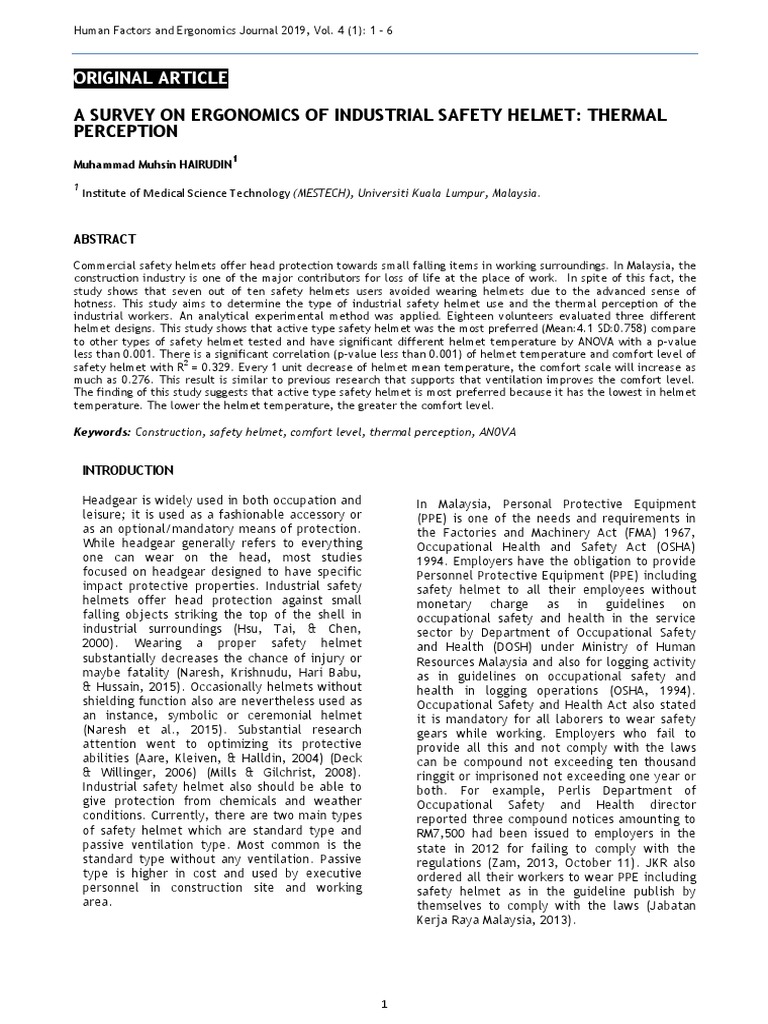A Survey On Ergonomics of Industrial Safety Helmet | PDF | Personal Protective Equipment ...