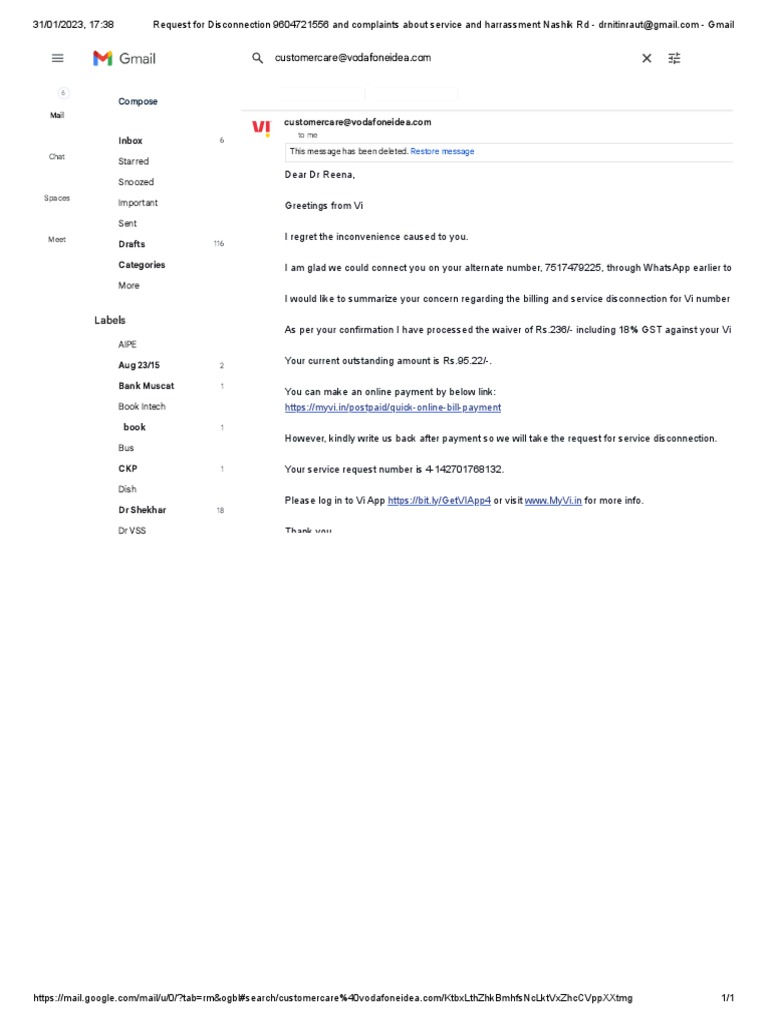 Request For Disconnection 9604721556 and Complaints About Service and Harrassment Nashik RD ...