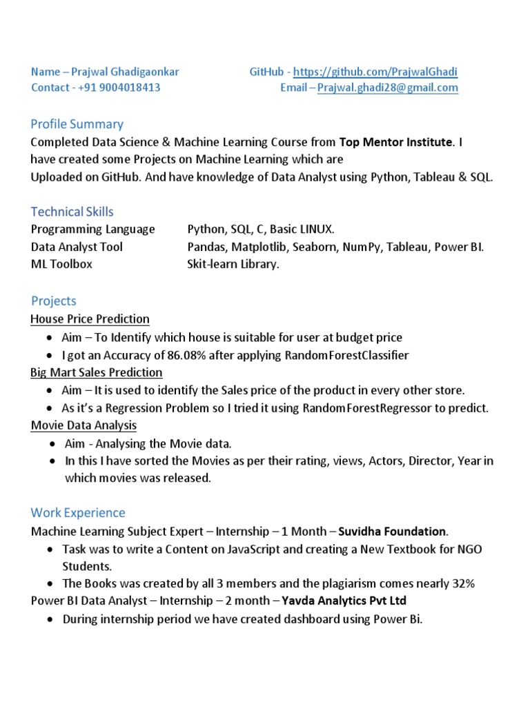 Prajwal 20 Ghadigoankar 20 Data 20 Analyst 20&20 ML20 Resume 1 | PDF | Machine Learning | Data ...