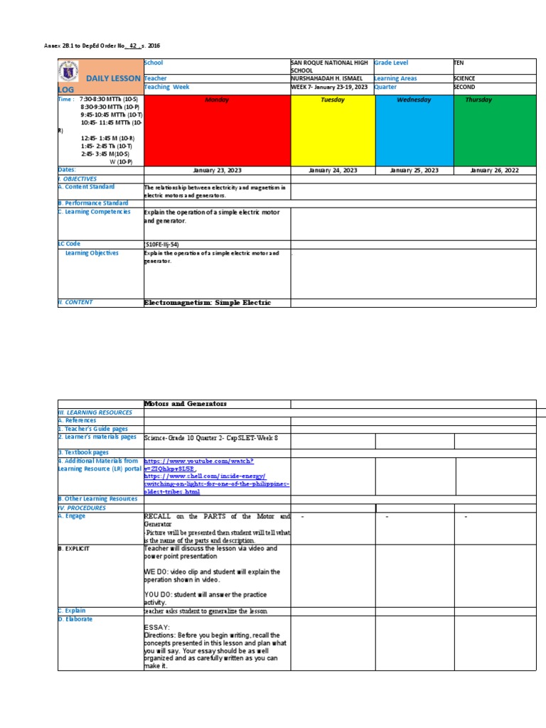 DLL Do SCI g10 Q2 Week8 21 22 | PDF | Teachers | Electric Generator