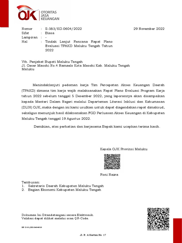 S-383.KO.0604.2022 Tindak Lanjut Rencana Rapat Pleno Evaluasi TPAKD ...