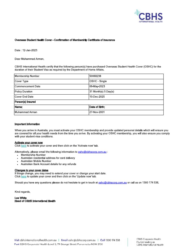 Oshc - CBHS Muhammad Arman Health Cover Evidence | PDF