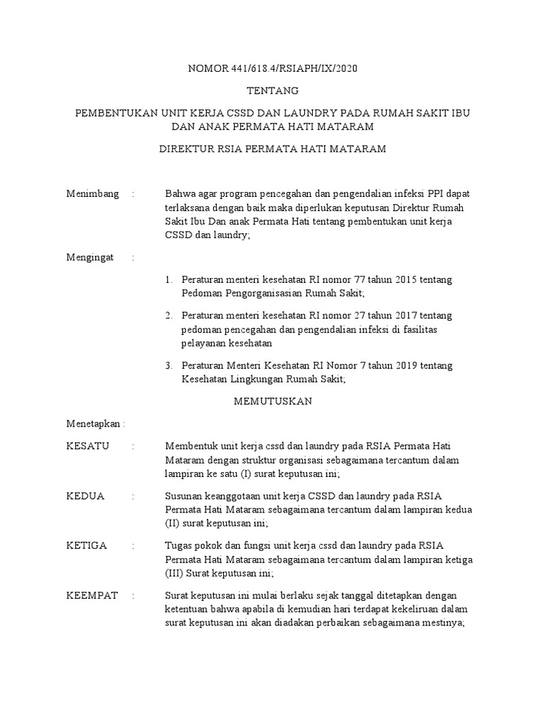 PH SK Pembentukan Unit Kerja CSSD Dan Laundry | PDF | Bisnis