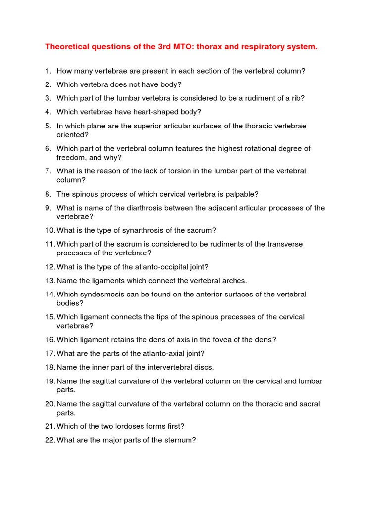 Theoretical Questions - Thorax Etc | PDF | Vertebra | Vertebral Column