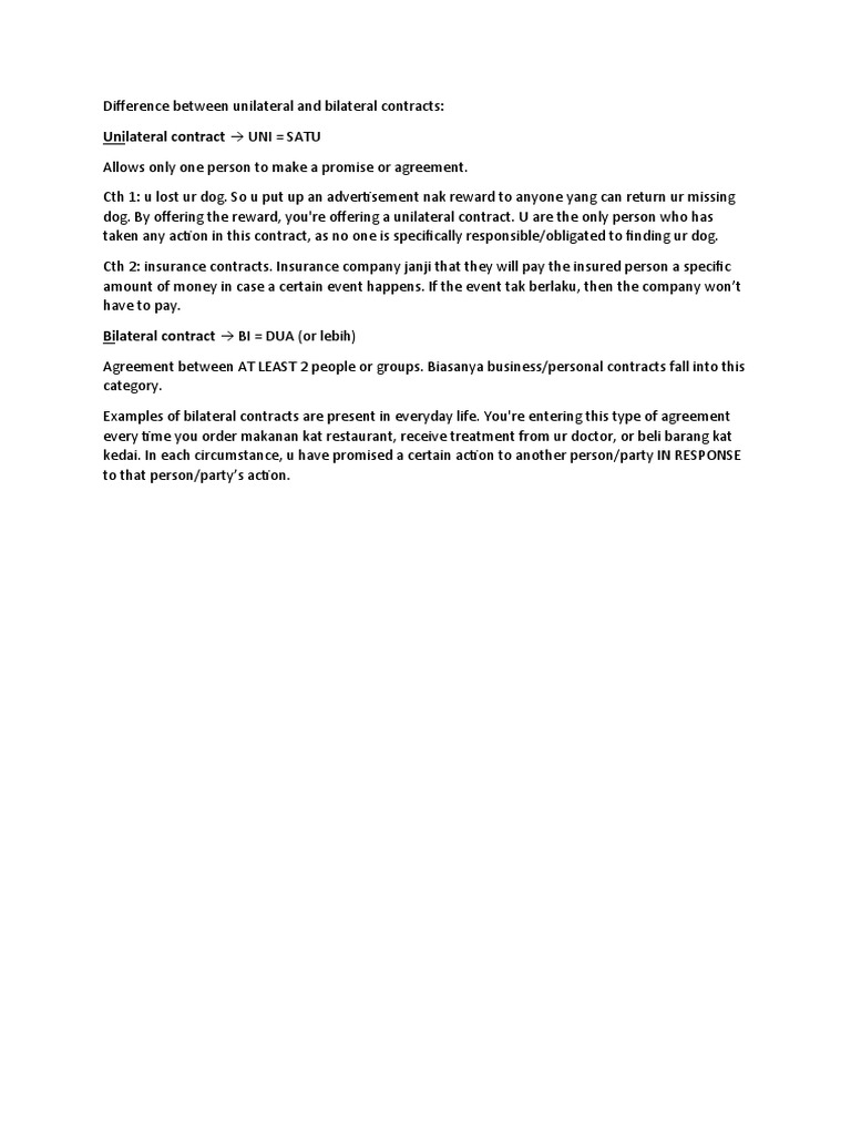 Difference Between Unilateral and Bilateral Contracts | PDF
