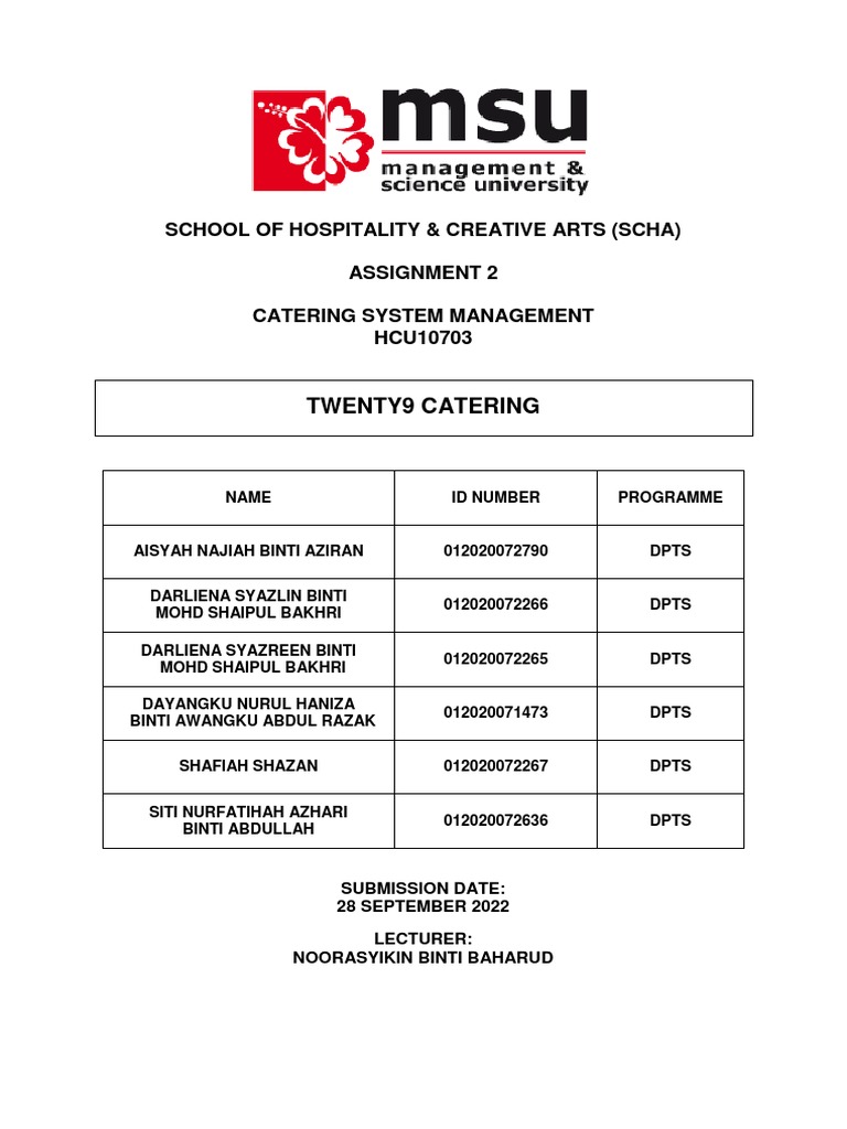School of Hospitality & Creative Arts (Scha) Assignment 2 Catering System Management HCU10703 ...