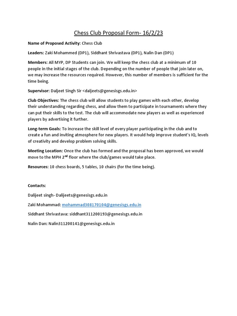 Chess Club Proposal and Objectives | PDF | Sports & Recreation