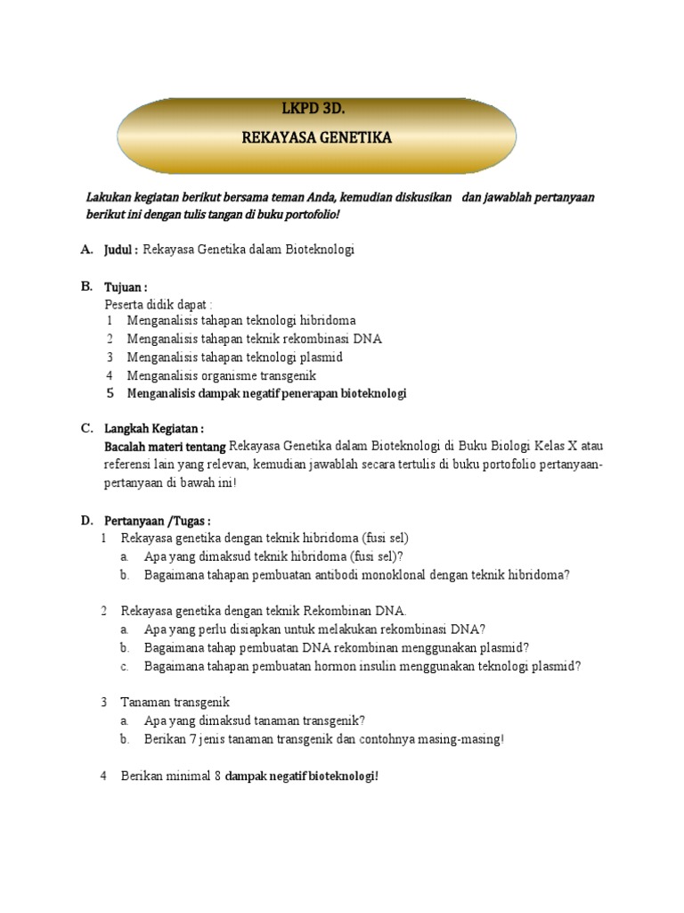 Tazkiyah N - 33 - XE (LKPD Dan Soal Formatif 3D Rekayasa Genetika) | PDF