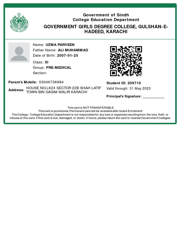 Student Card UZMA PARVEEN | PDF