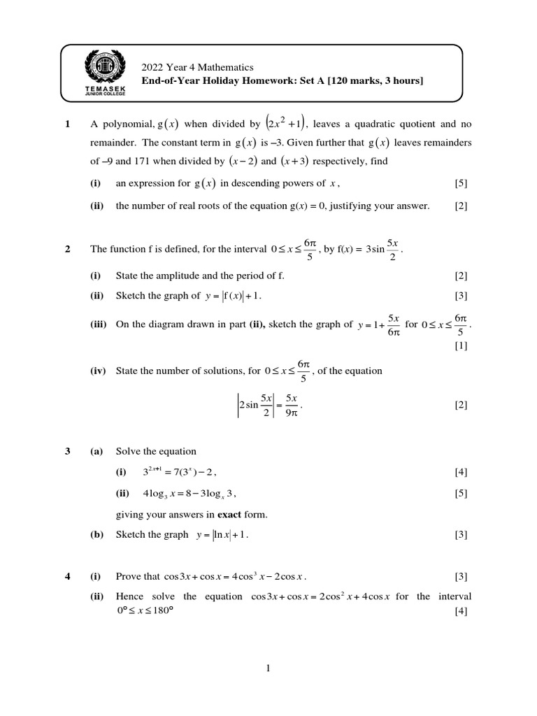 2022 IP4 EoY Holiday Homework Set A | PDF | Quadratic Equation ...