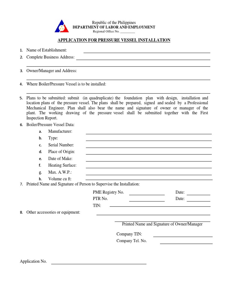 Application For Pressure Vessel Installation Updated March 2012 | PDF