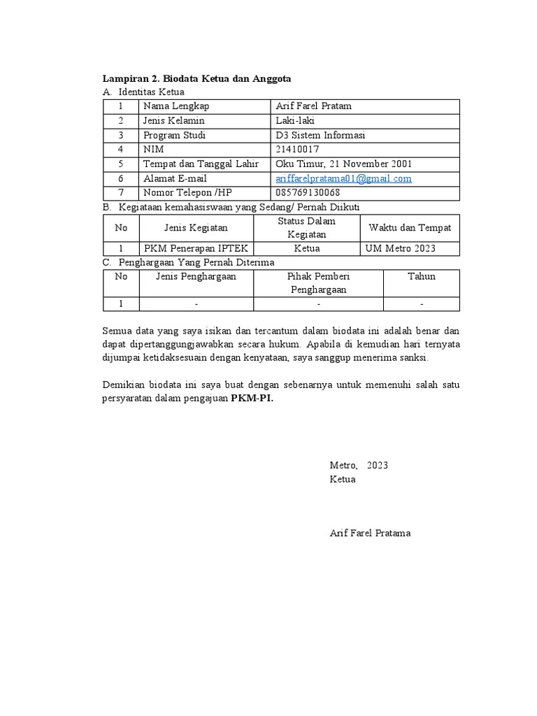 Biodata Ketua dan Anggota PKM-PI 2023 | PDF