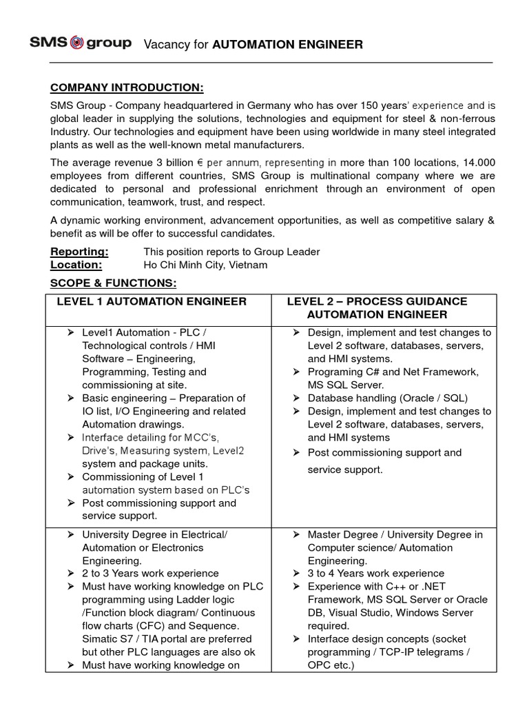 SMS Group JD Automation Engineer | PDF | Automation | Programmable Logic Controller