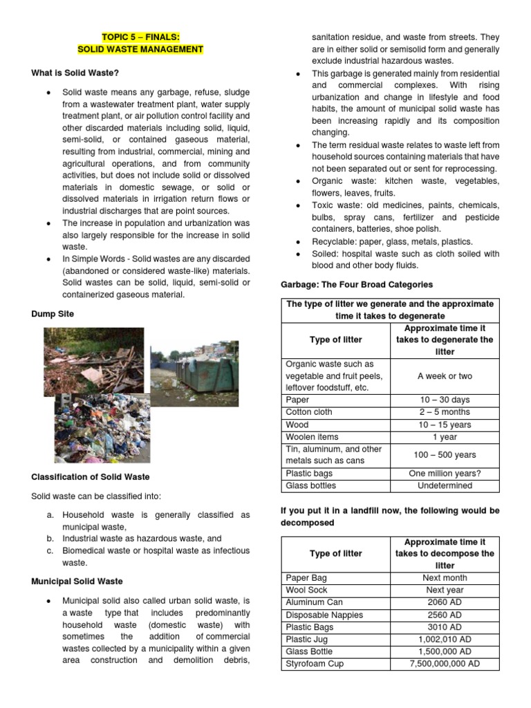 FINALS REVIEWER ENVI ENGG Topic 1 | PDF | Waste | Municipal Solid Waste