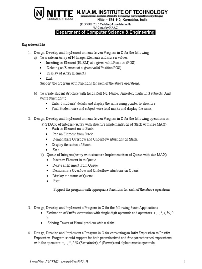 21cs302 Data Structures Lab Pdf Queue Abstract Data Type Computer Data