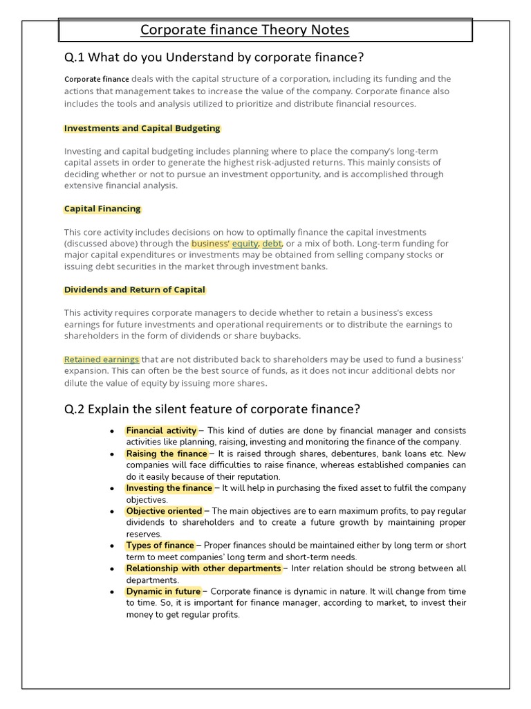 Corporate Finance Theory Notes | PDF | Bankruptcy | Financial Capital
