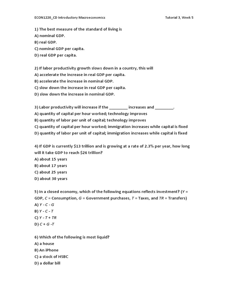 ECON1220 1C1D Tutorial Exercise 3 (Week 5) | PDF | Gross Domestic Product | Interest