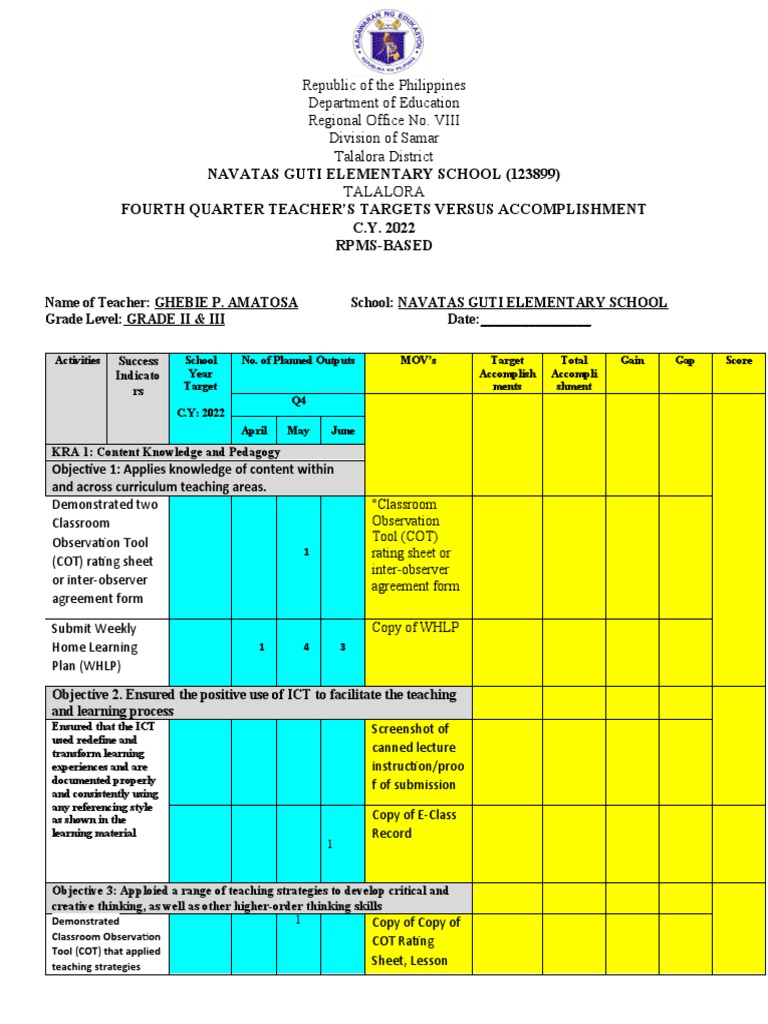 Teacher's Targets vs. Accomplishments | PDF | Learning | Educational ...