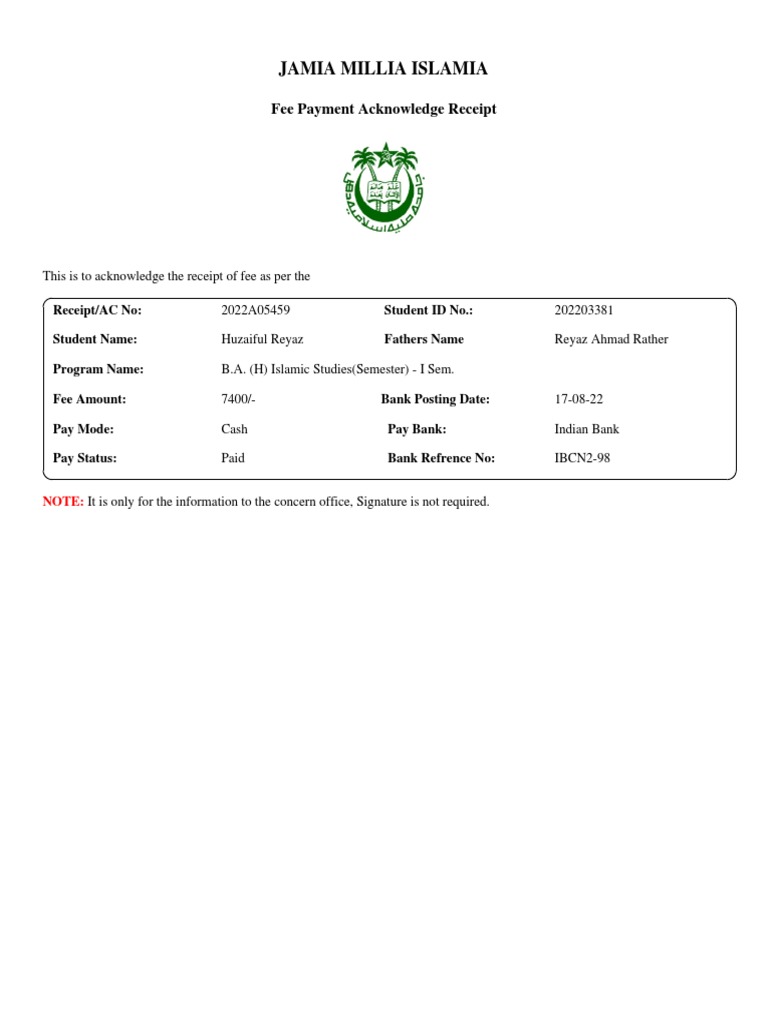 Jamia Millia Islamia: Fee Payment Acknowledge Receipt | PDF