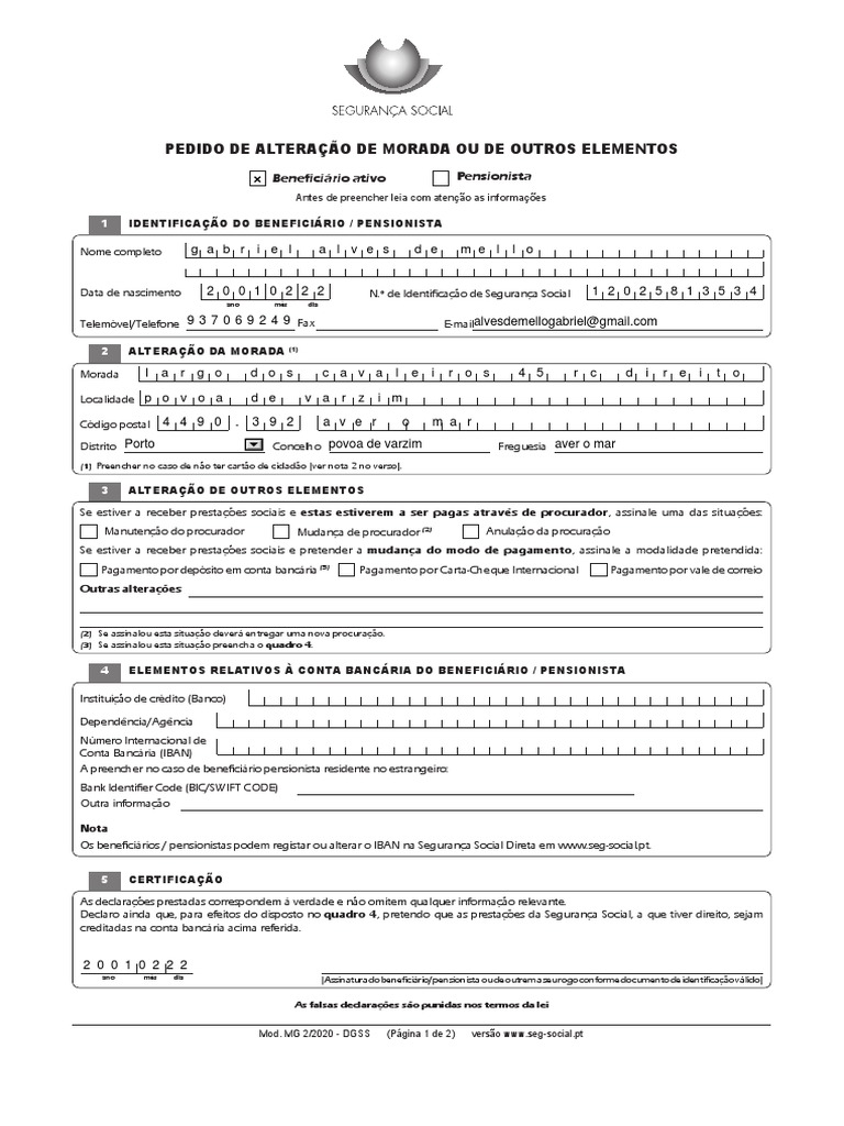 Pedido de Alteração de Morada Ou de Outros Elementos: Beneficiário ...