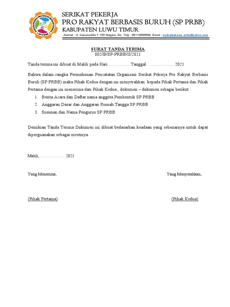 Surat Tanda Terima Permohonan Pencatatan SP PRBB | PDF