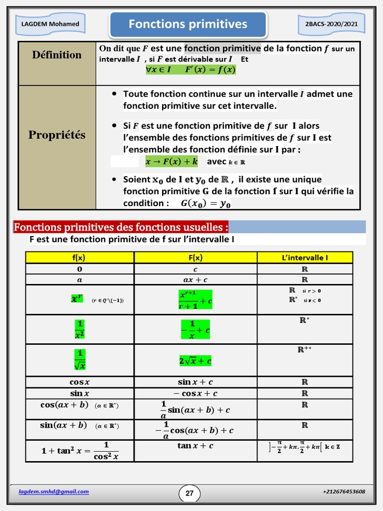 Resume Fonctions Primitives 2bac Sciences Physiques Et SVT 5 | PDF ...