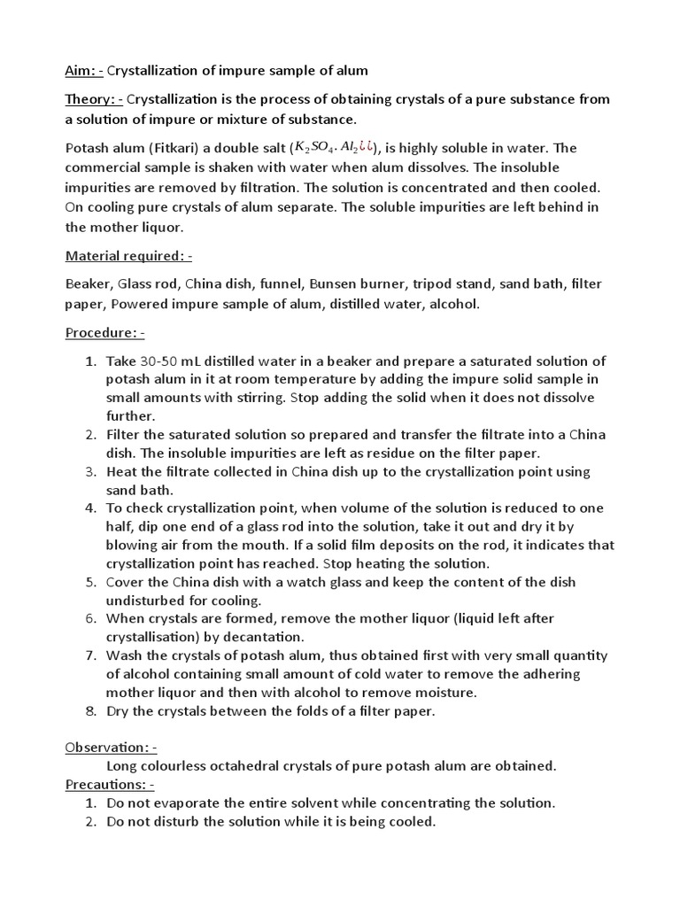 Class XI Crystallization of Impure Sample of Alum | PDF ...