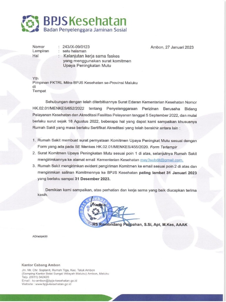 Surat Pemberitahuan Pembuatan Surat Komitmen Peningkatan Mutu | PDF