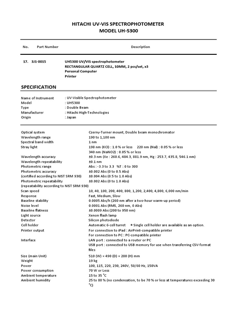 Hitachi UH5300 UV-Vis Spectrophotometer | PDF | Ultraviolet–Visible ...