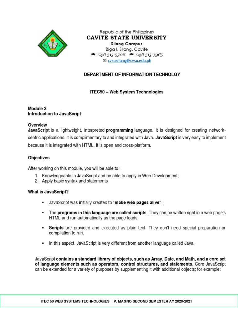 Module 4 - Introduction To JavaScript | PDF | Java Script | Dynamic Web Page