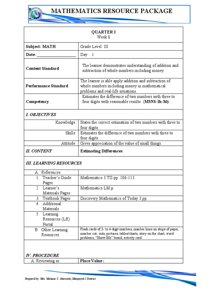Math3 Q1 Week8 Day1-5 | PDF | Subtraction | Learning