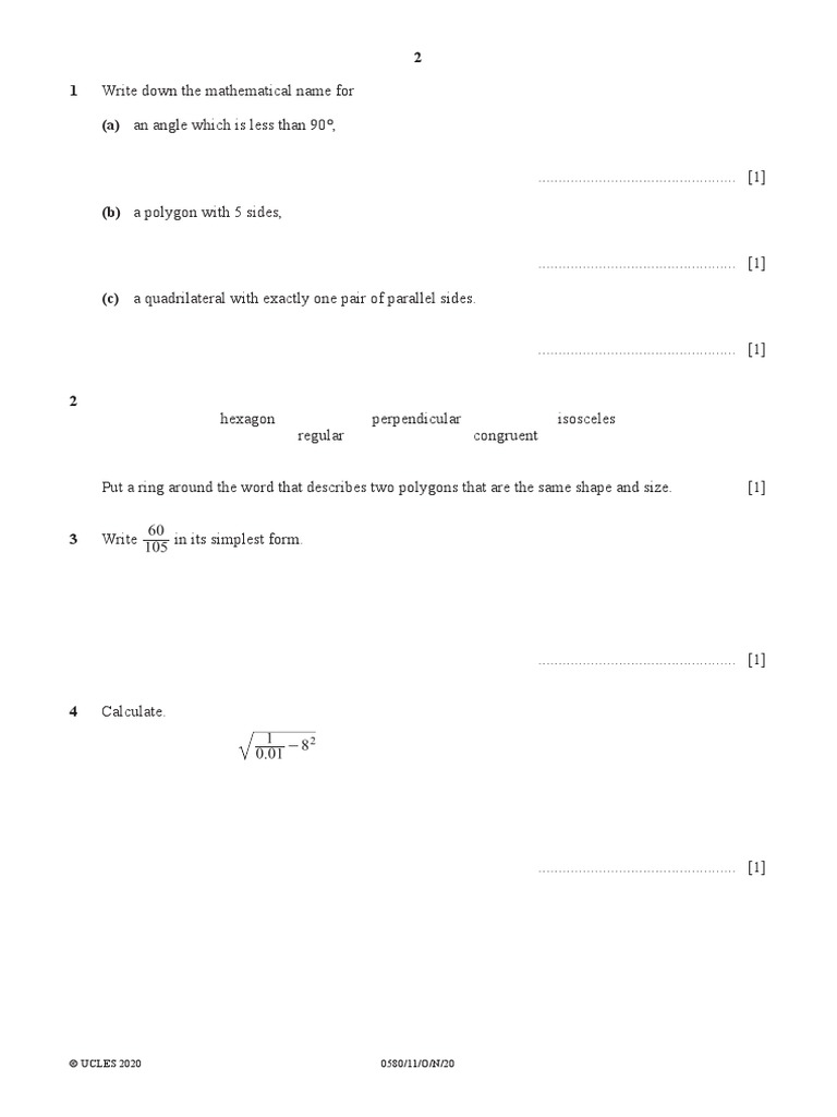 CAIE 0580 - 11 Mathematics Paper 1 (Core) IGCSE | PDF | Shape | Geometry