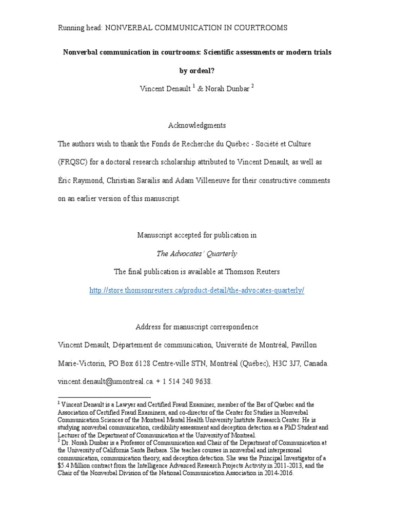Nonverbal Communication in Courtrooms: Scientific Assessments or Modern ...