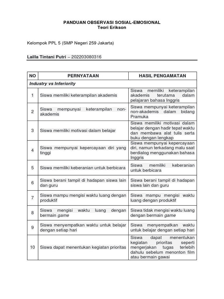 Panduan Observasi Sosial-Emosional (Erikson) | PDF