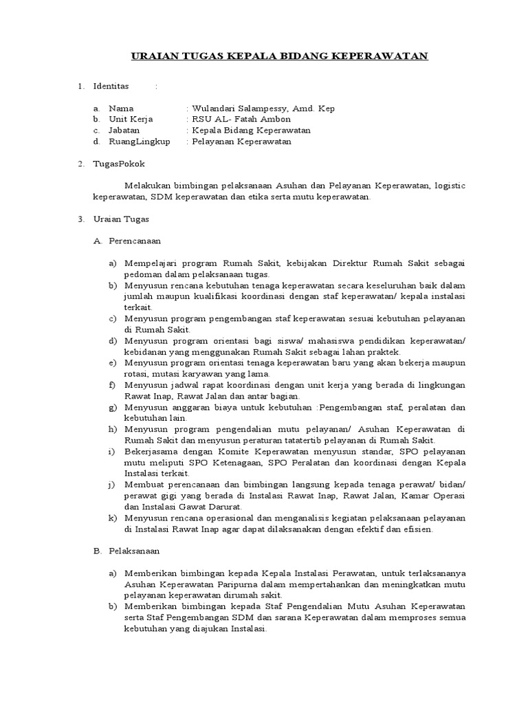 Uraian Tugas Kepala Bidang Keperawatan | PDF