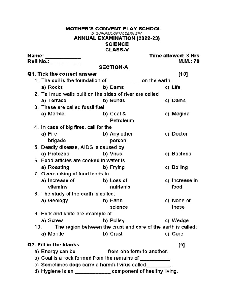 Class V Science Exam Paper 2022-23 | PDF | Earth | Rock (Geology)