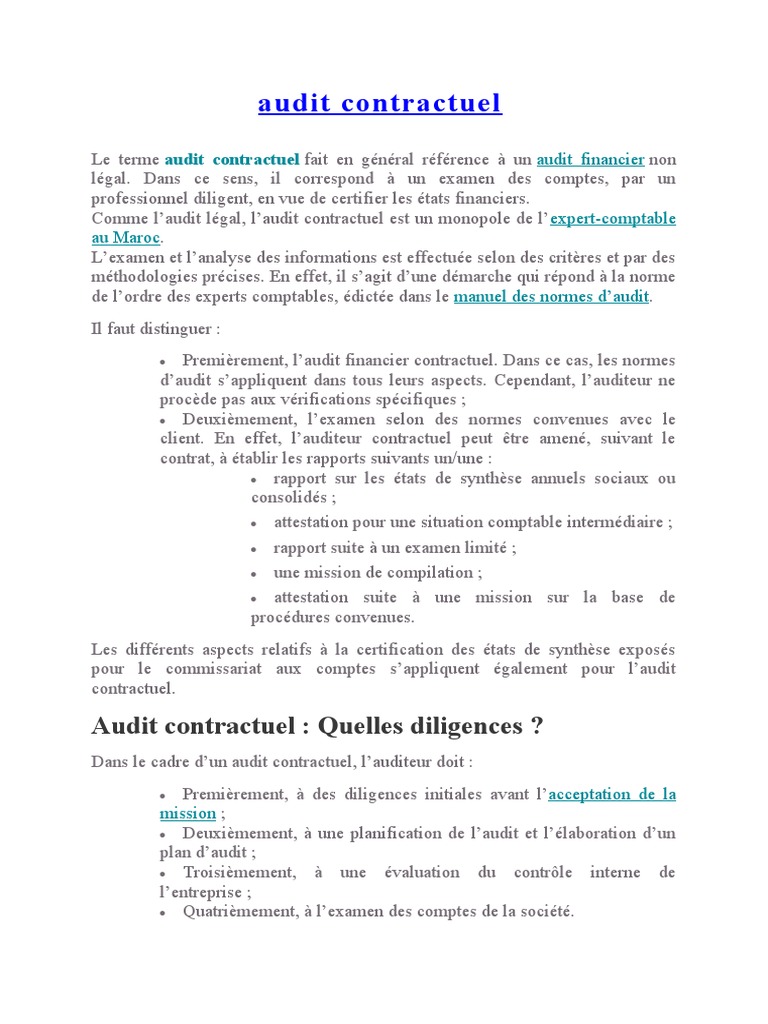 Audit Contractuel : Définition et Missions | PDF | Audit financier | Audit