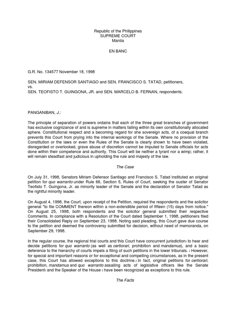 Santiago V Guingona Jr. 298 SCRA 756 1998 | PDF | United States Senate ...