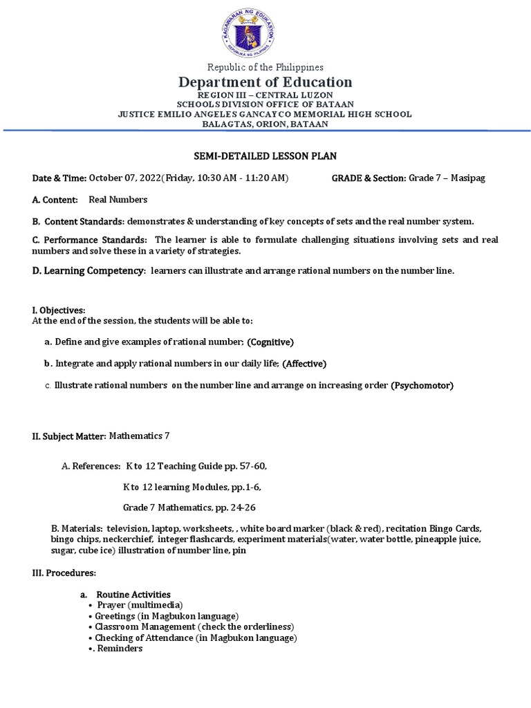 A Semi Detailed Lesson Plan in Mathematics 7 | PDF | Lesson Plan | Learning