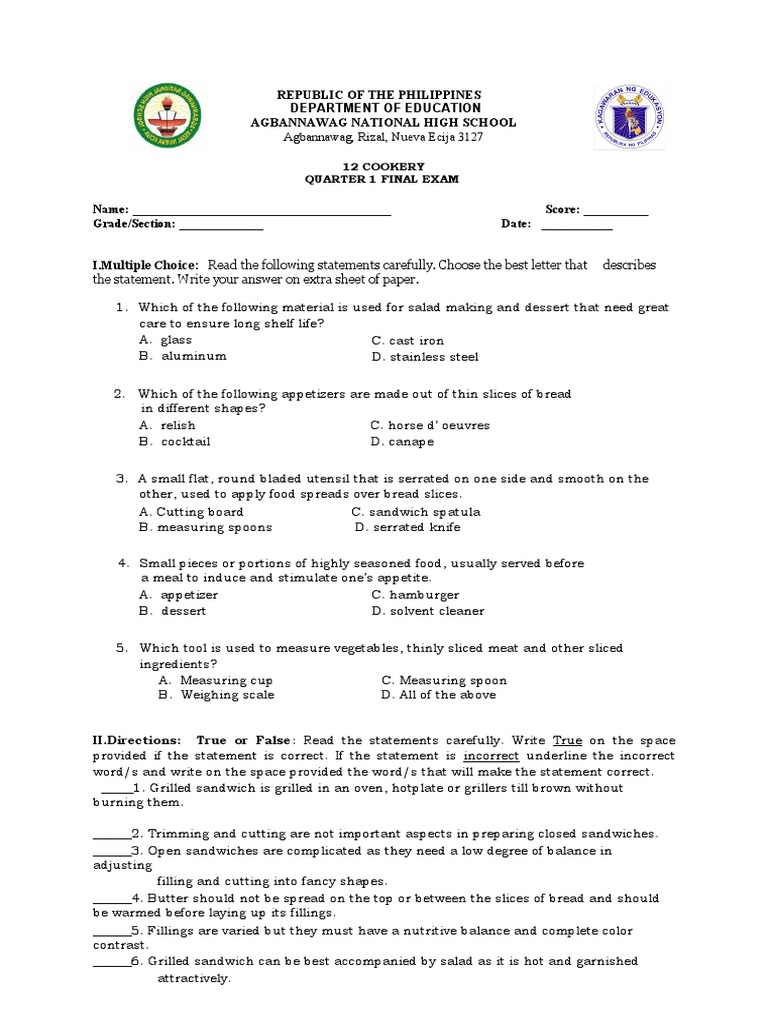 12 TVL FINAL EXAM Appetizer - Sandwich | PDF | Sandwich | Poetry