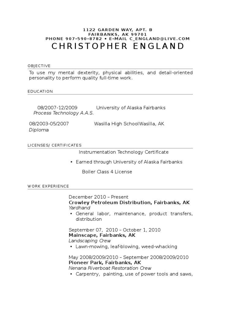 Christopher England's Resume Summary | PDF